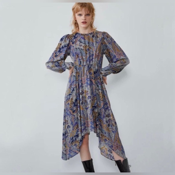 Zara | Dresses | Zara Digital Floral Print Mosaic Asymmetrical Midi ...